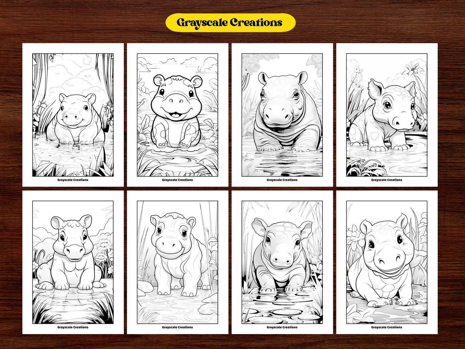 50 Cute Hippopotamus Coloring Page Book, Printable PDF Sheets, Instant ...