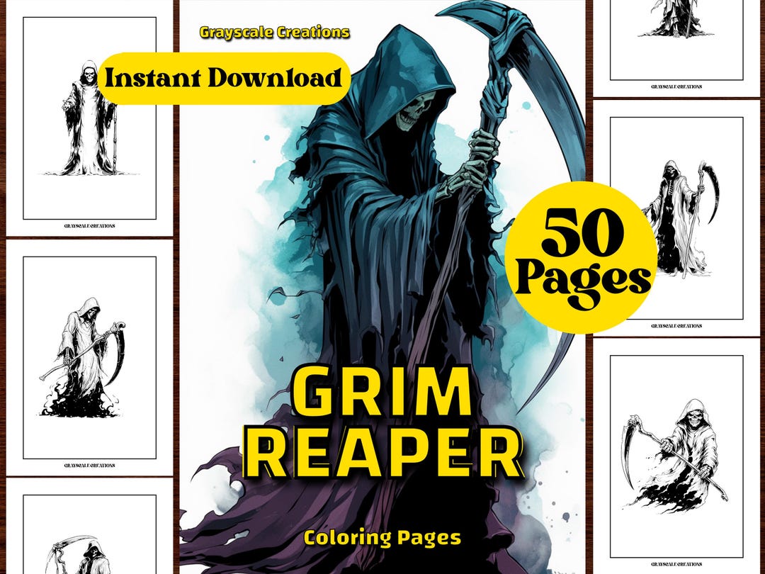 50 Grim Reaper Coloring Page Book, Halloween Cartoon Creepy, Printable ...