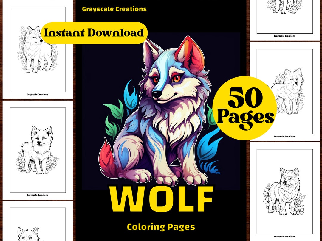 50 Wolf Animal Coloring Page Book, Woodland Wildlife Fantasy, Birthday ...