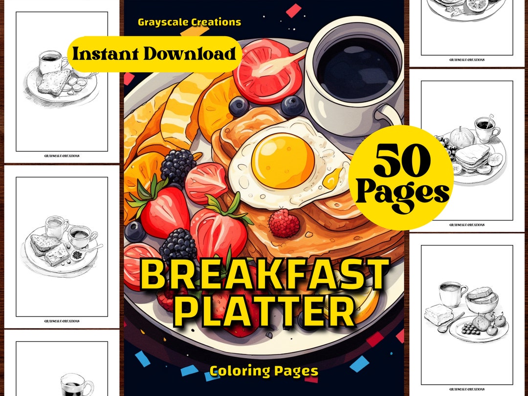 50 Breakfast Platter Coloring Page Book, Food Drinks Culinary ...