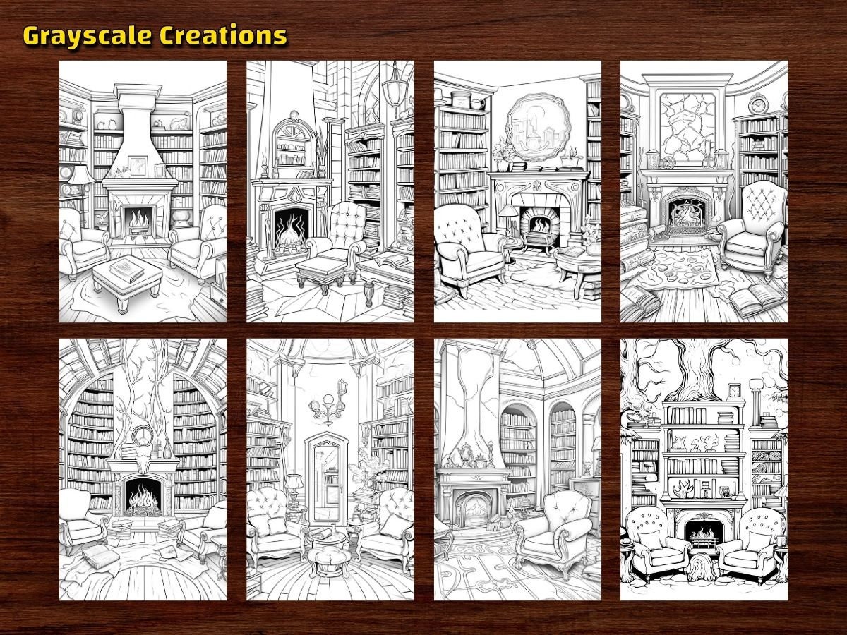 50 Cozy Library Coloring Page Book, Printable PDF Sheets, Instant ...