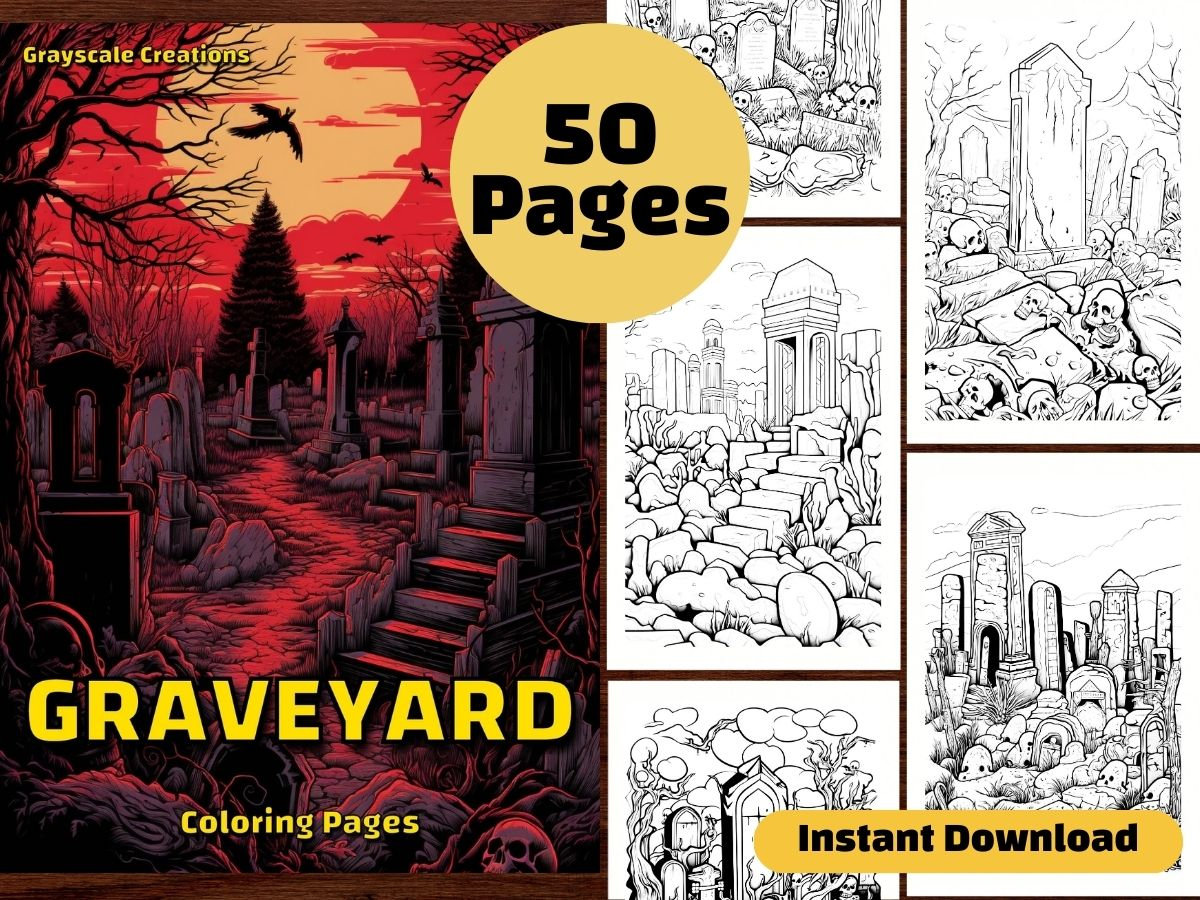 50 Graveyard Coloring Page Book, Halloween Tombstone Cemetery ...