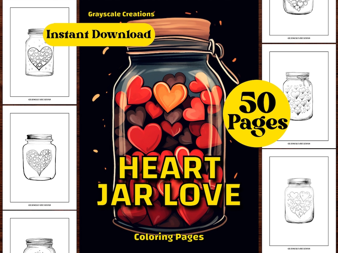 50 Heart in Jar Love Coloring Page Book, St Valentines Romance ...