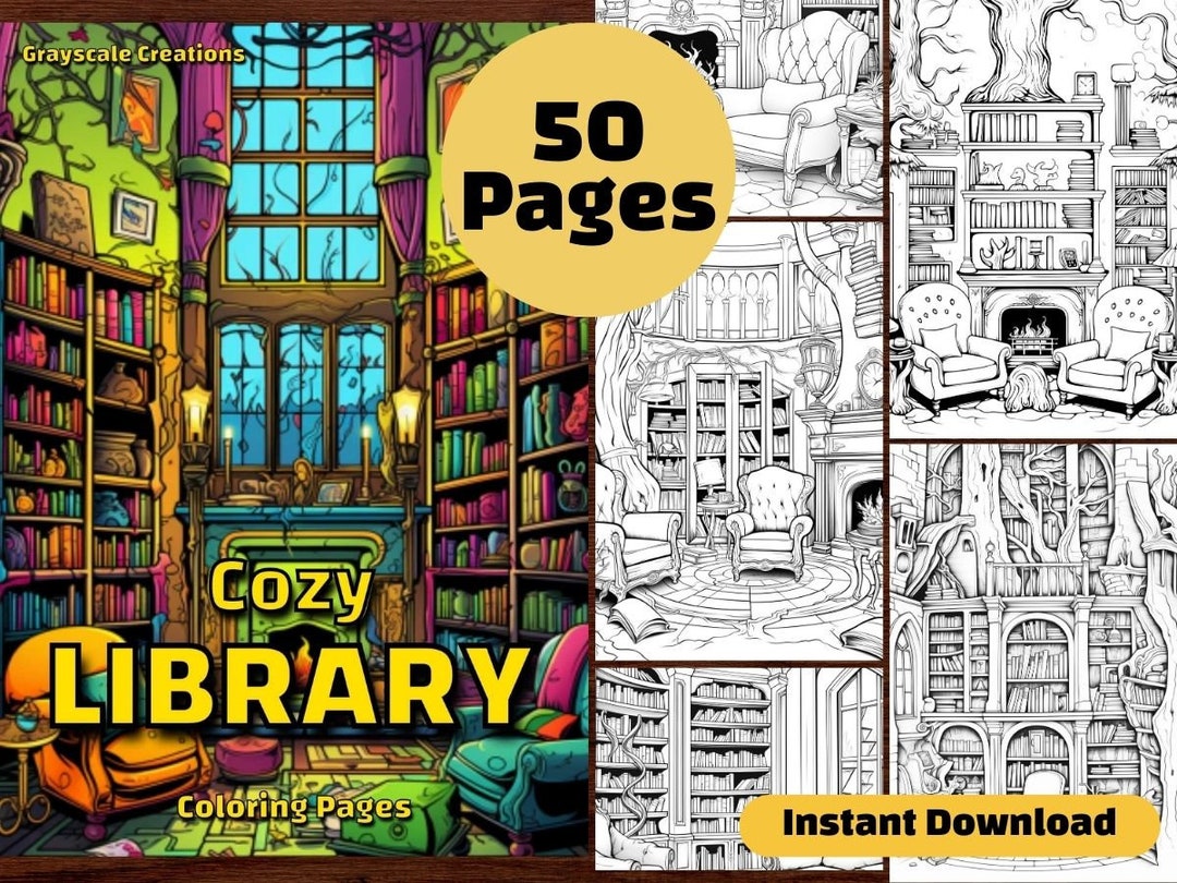 50 Cozy Library Coloring Page Book, Printable PDF Sheets, Instant ...