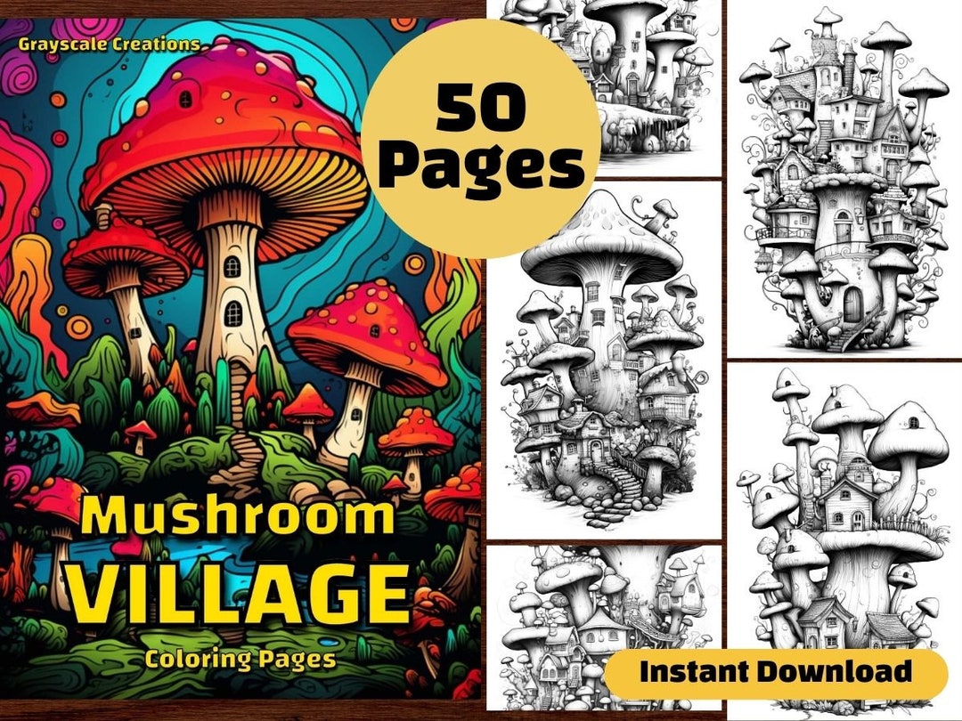 50 Mushroom Village Coloring Page Book, Printable PDF Sheets, Instant ...