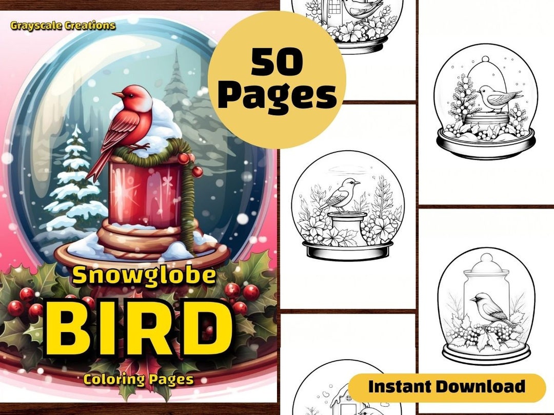 50 Bird Snowglobe Coloring Page Book, Cute Snow Glass Christmas Winter ...