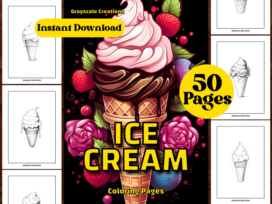 50 Ice Cream Coloring Page Book, Food Beverage Drinks Culinary ...