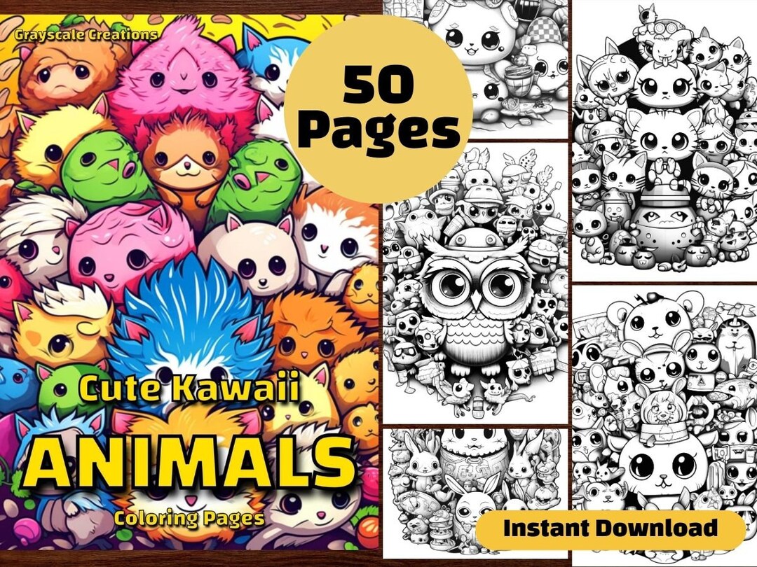 50 Animal Kawaii Cute Doodle Coloring Page Book Printable PDF - Etsy