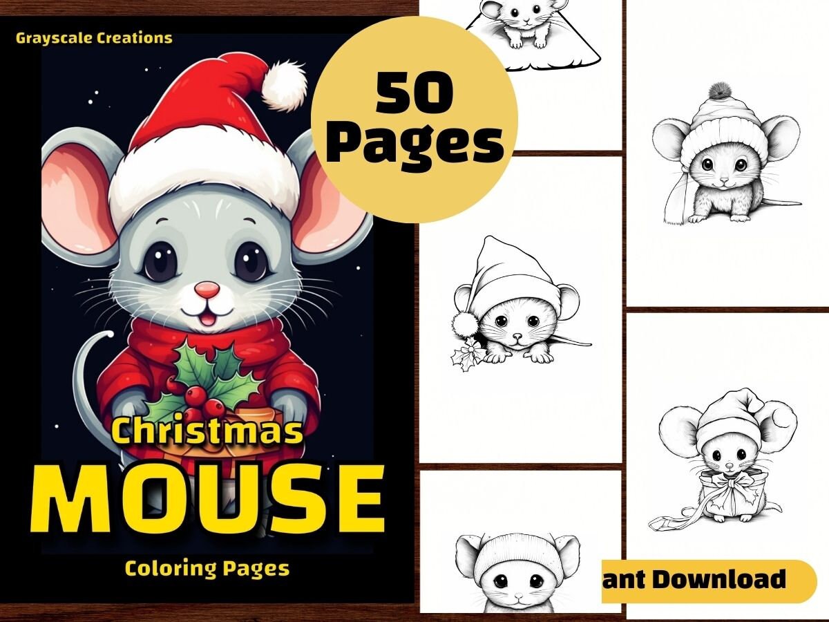 50 Christmas Mouse Coloring Page Book, Cute Rat Animal Xmas Winter ...