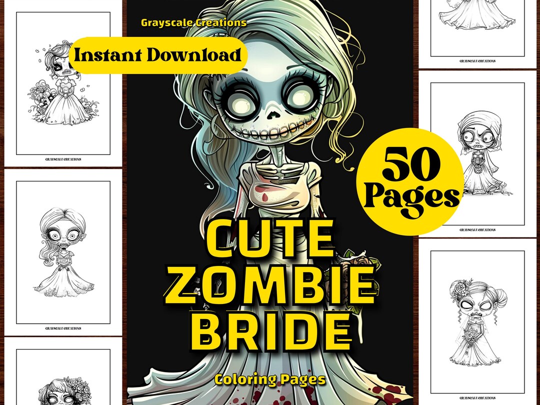 50 Cute Zombie Bride Coloring Page Book, Halloween Cartoon Creepy ...