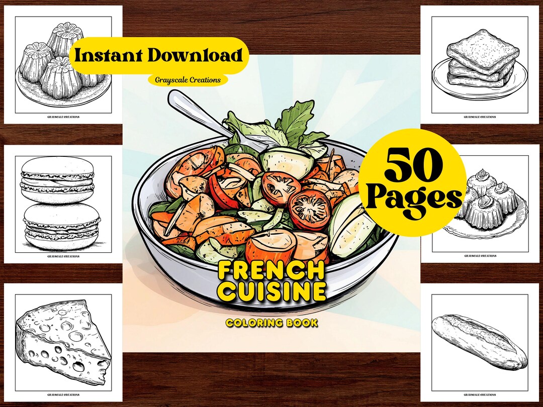 50 French Cuisine Coloring Page Book, Food Beverage Culinary ...