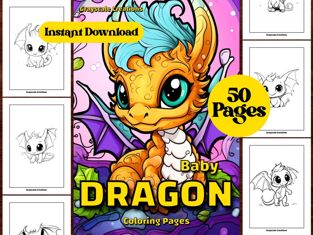 50 Cute Baby Dragon Coloring Page Book, Printable PDF Sheets, Instant ...