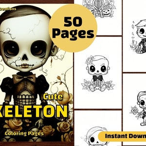 50 Cute Skeleton Coloring Page Book, Halloween Skull Bone Chibi Cartoon ...