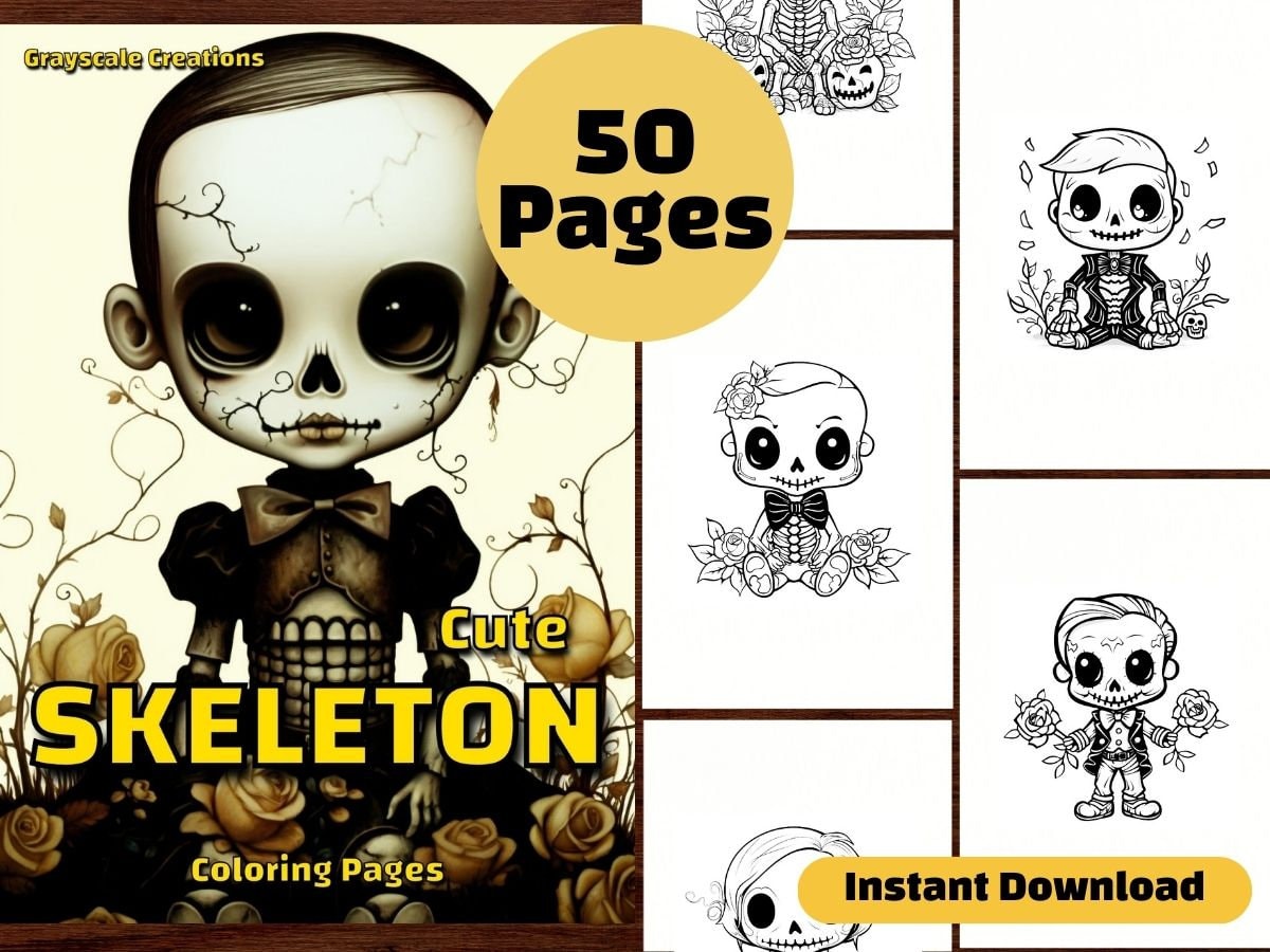 50 Cute Skeleton Coloring Page Book, Halloween Skull Bone Chibi Cartoon ...