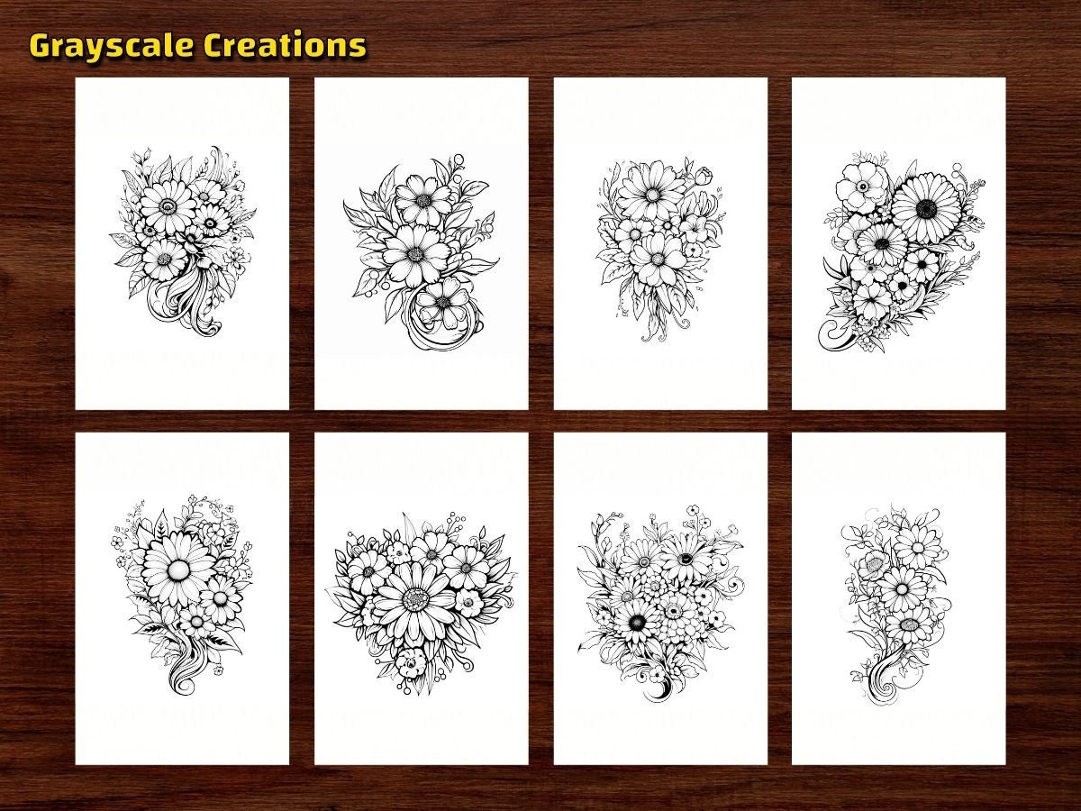 50 Daisy Coloring Page Book, Nature Botanical Flower Floral Bouquet ...