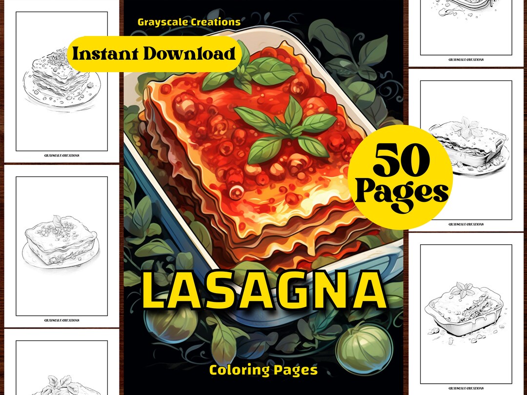 50 Lasagna Coloring Page Book, Food Beverage Drinks Culinary, Printable ...