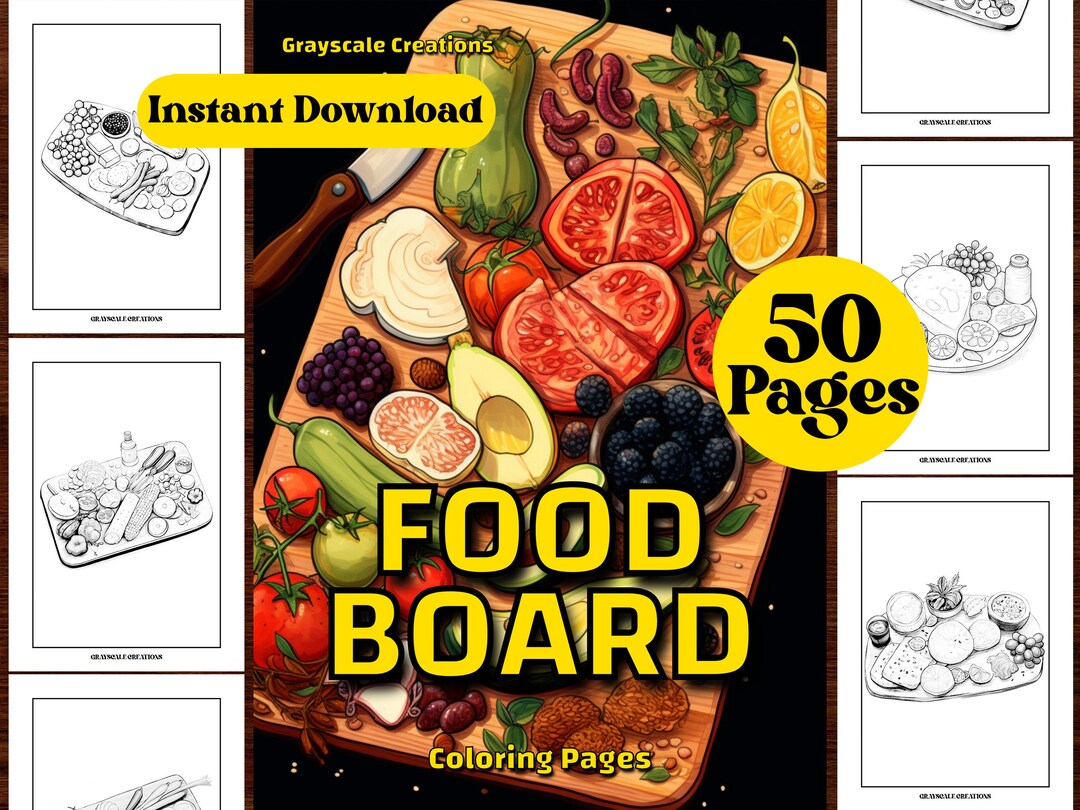 50 Food Board Coloring Page Book, Food Beverage Drinks Culinary ...