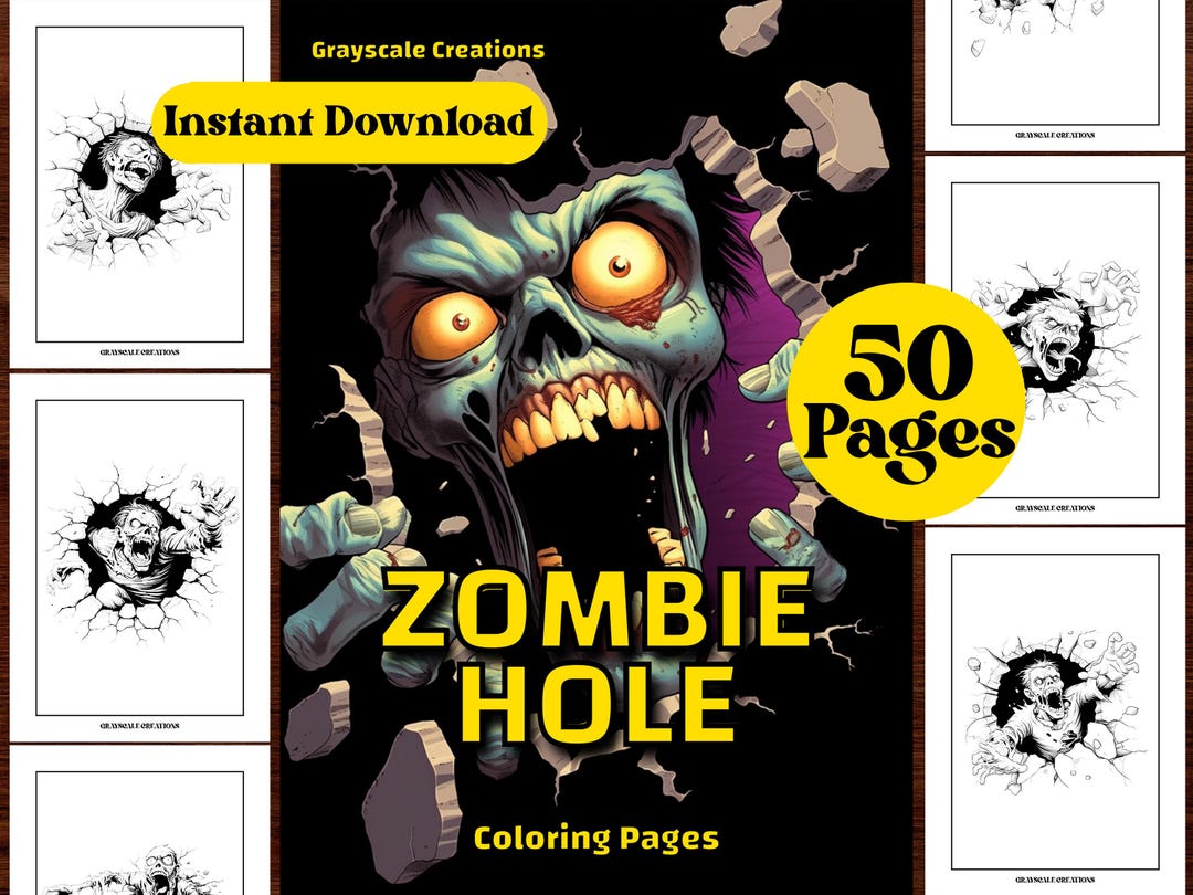 50 Zombie Hole Coloring Page Book, Halloween Cartoon Creepy, Printable ...