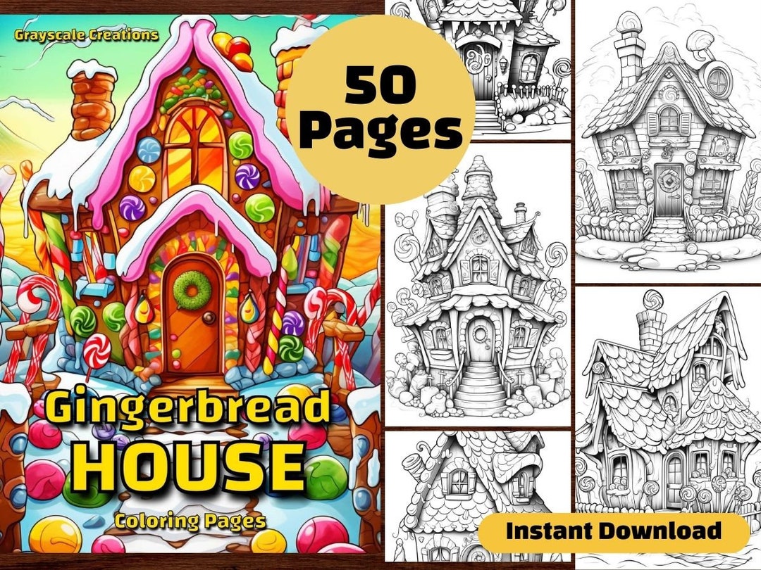 50 Gingerbread House Coloring Page Book, Printable PDF Sheets, Instant ...