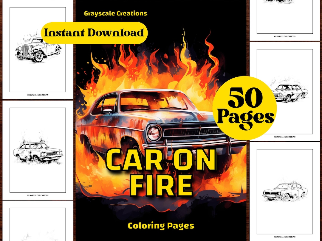 50 Car on Fire Coloring Page Book, Object Motor Nature Car Vintage ...
