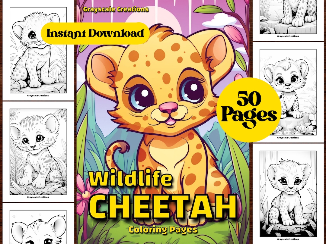 50 Cute Cheetah Coloring Page Book, Printable PDF Sheets, Instant ...