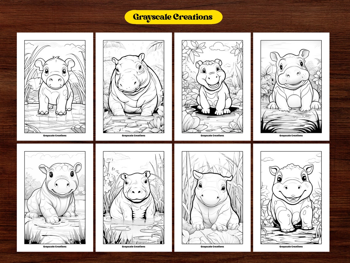 50 Cute Hippopotamus Coloring Page Book, Printable PDF Sheets, Instant ...