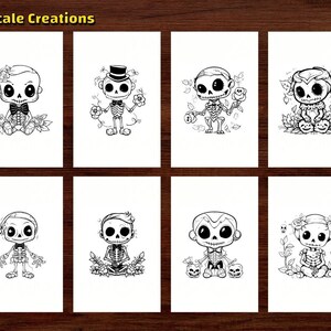 50 Cute Skeleton Coloring Page Book, Halloween Skull Bone Chibi Cartoon ...