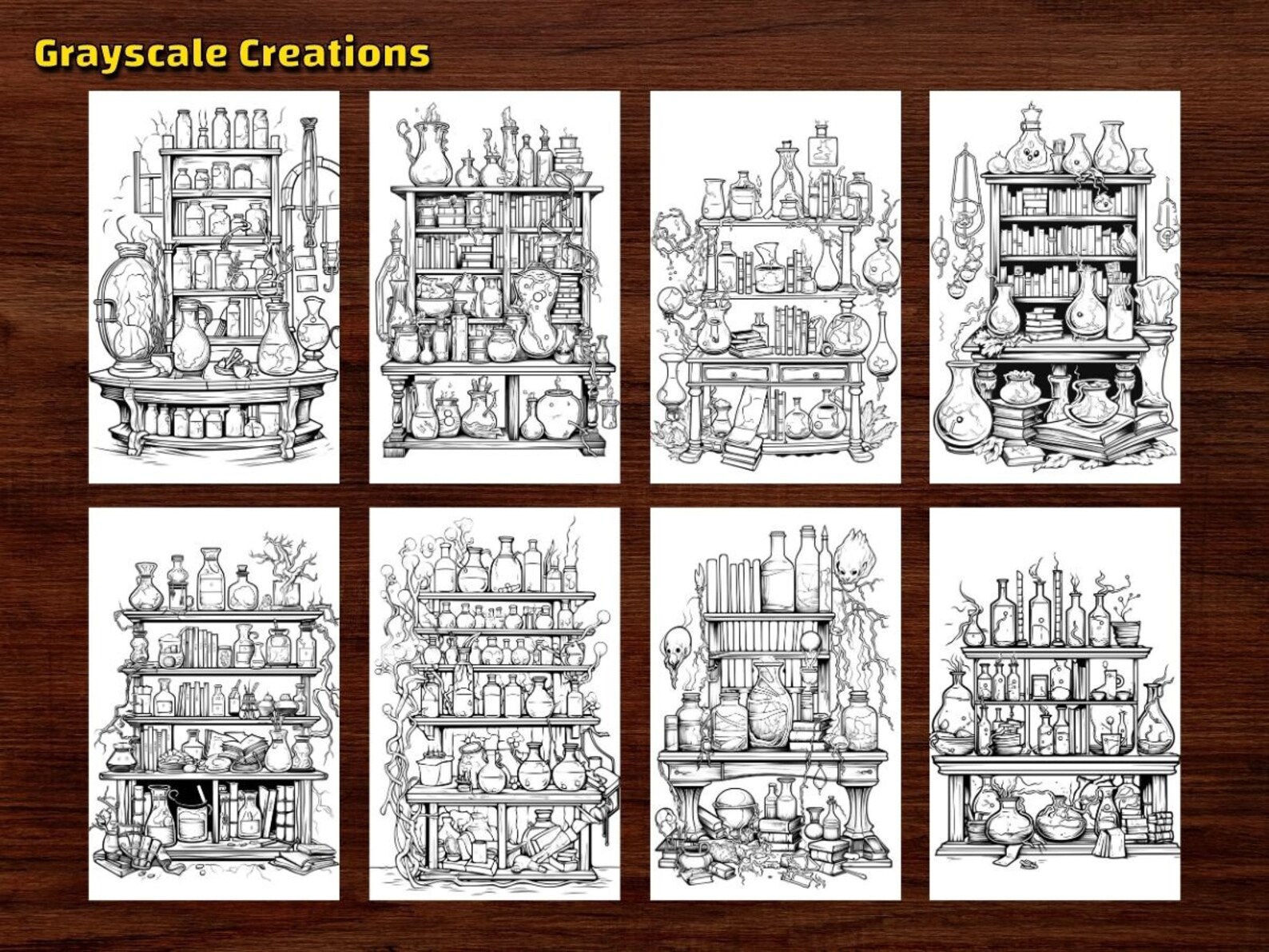 50 Magic Potion Shelves Coloring Page Book, Printable PDF Sheet ...