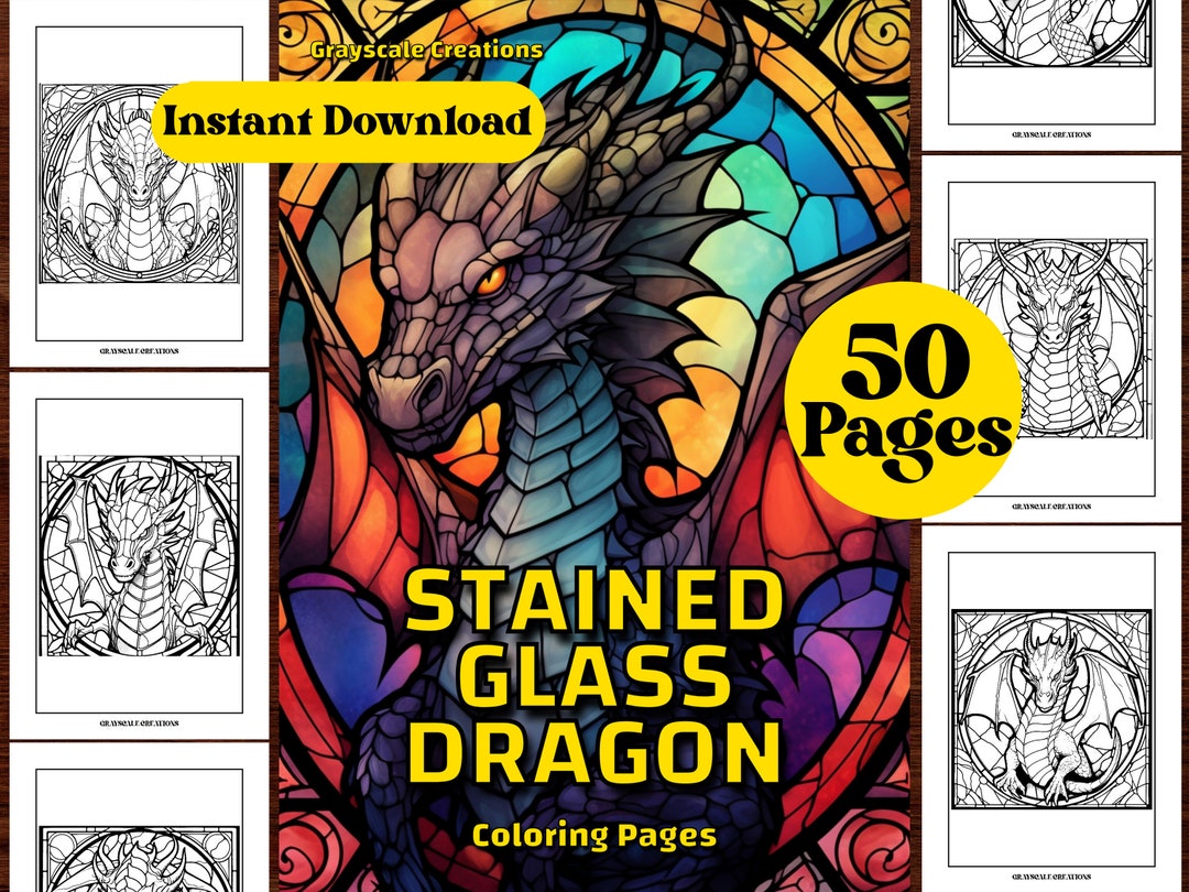 50 Stained Glass Dragon Coloring Page Book, Fantasy Creatures, Birthday ...