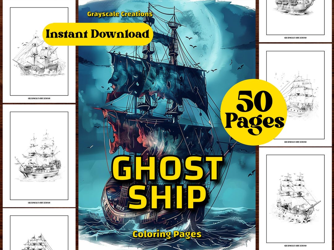 50 Ghost Ship Coloring Page Book, Halloween Cartoon Creepy, Printable ...