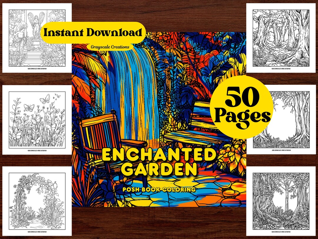 50 Enchanted Garden Posh Coloring Page Book, Grayscale Mindfulness ...