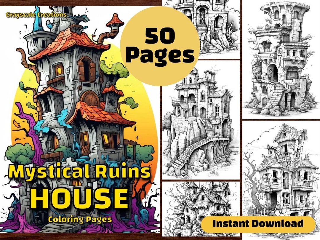 50 Mystical Ruins House Coloring Page Book, Printable PDF Sheets ...
