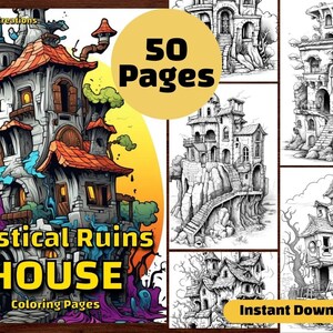 50 Mystical Ruins House Coloring Page Book, Printable PDF Sheets ...