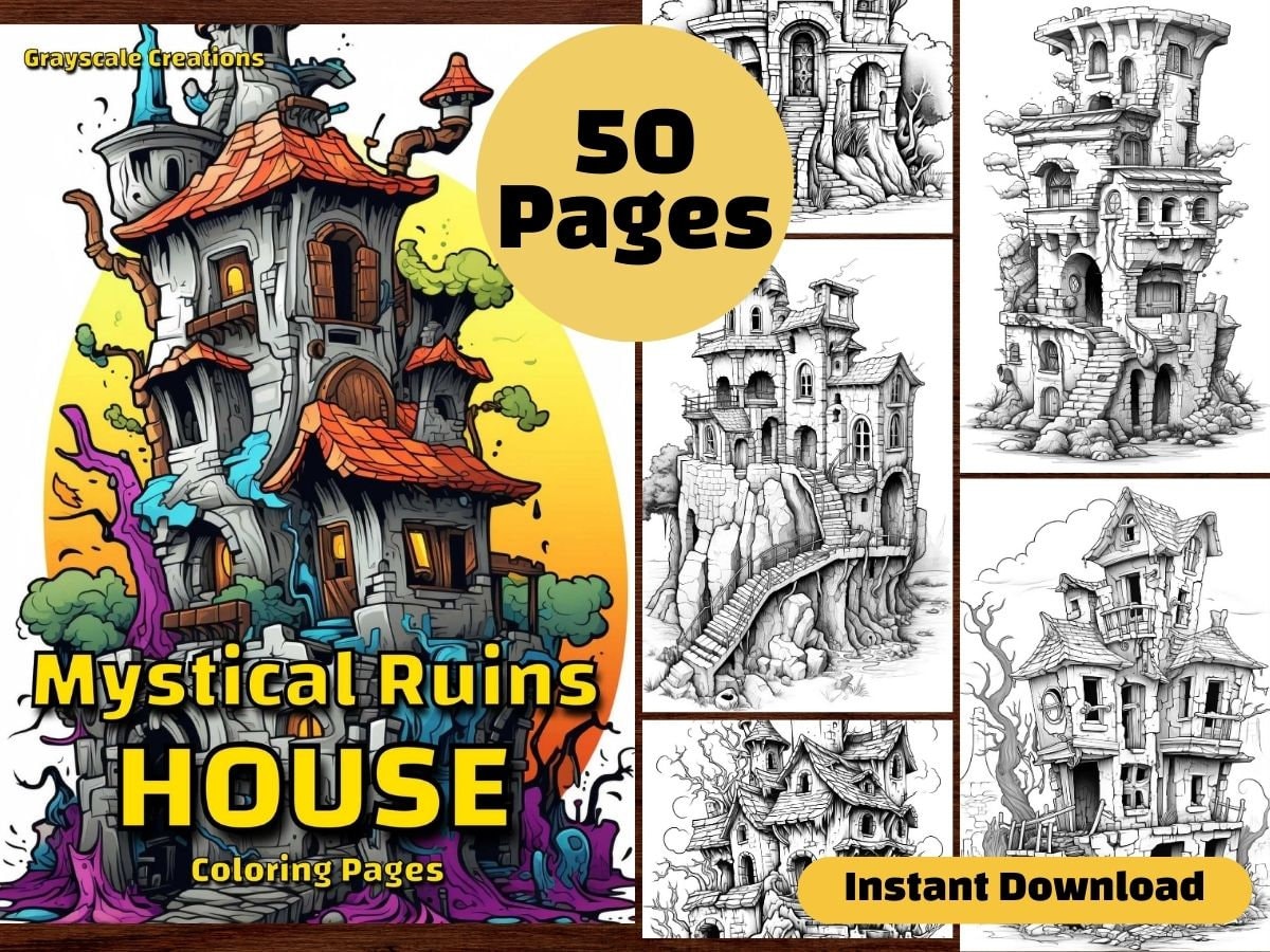 50 Mystical Ruins House Coloring Page Book, Printable PDF Sheets ...