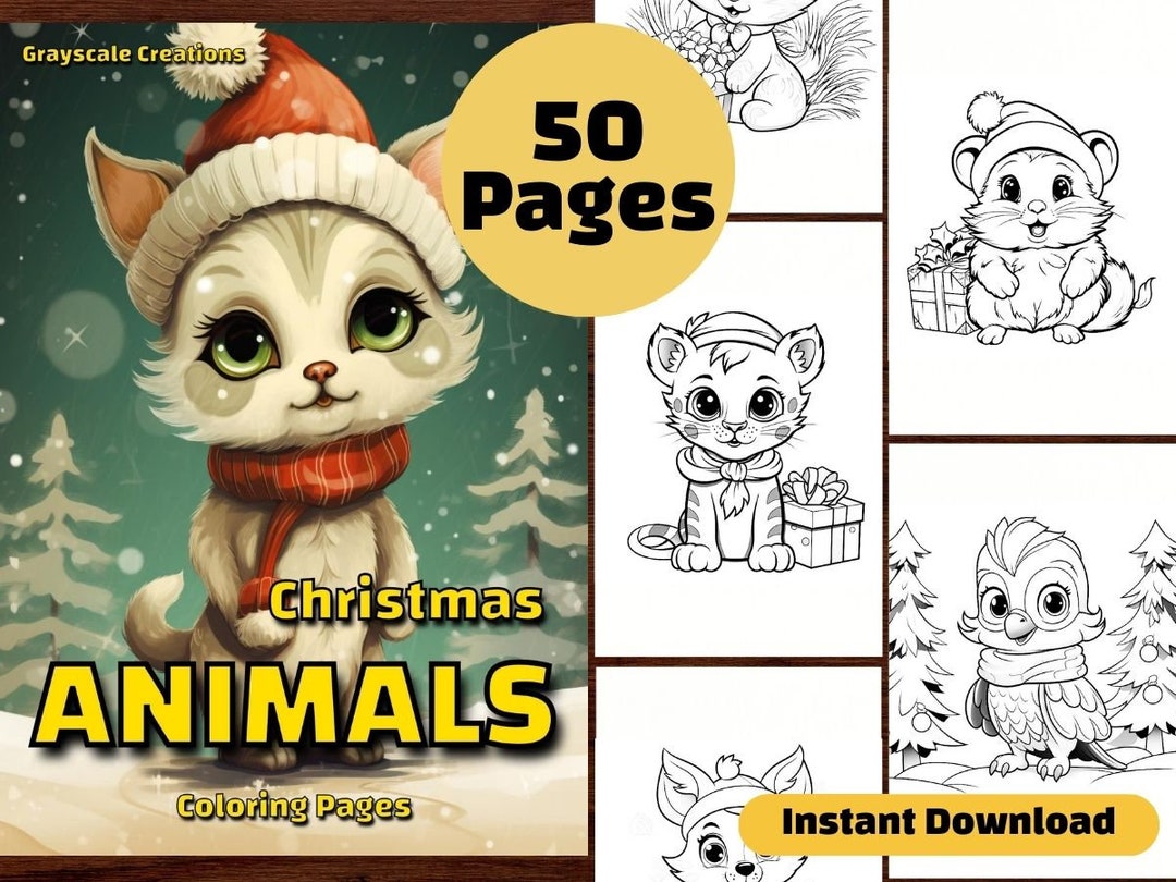 50 Cute Animals Christmas Coloring Page Book, Snow Dog Cat Xmas Winter ...