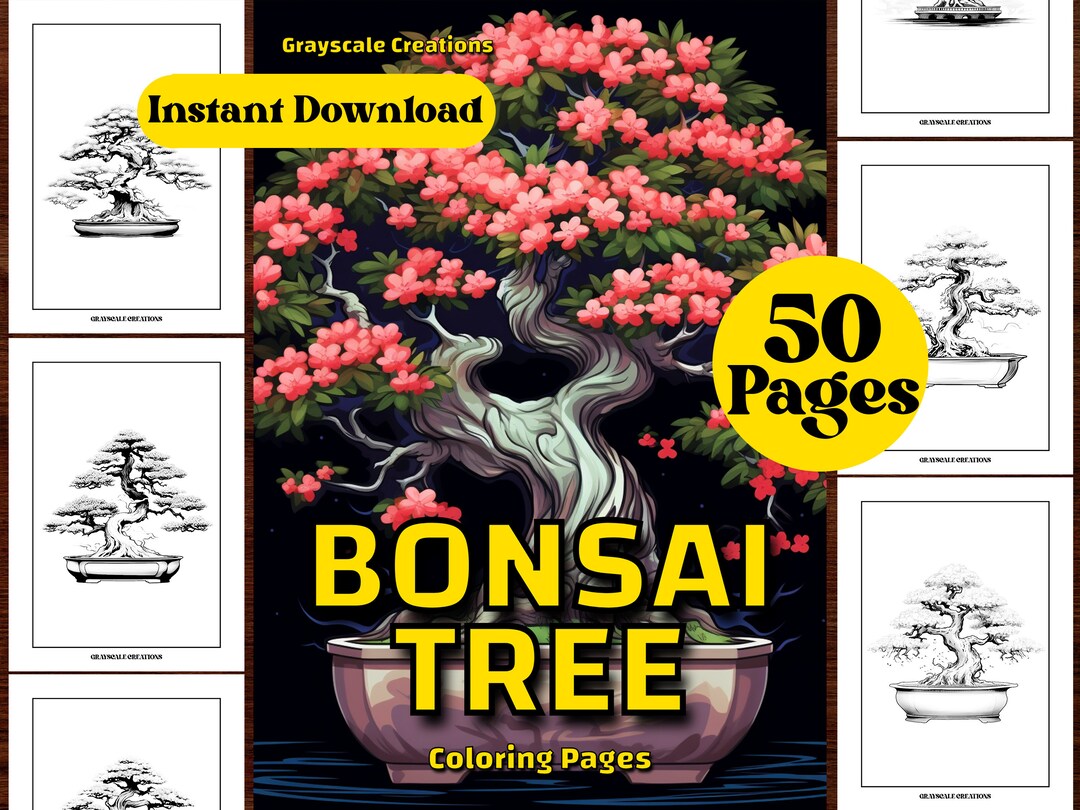50 Bonsai Tree Coloring Page Book, Nature Botanical Flower Floral ...