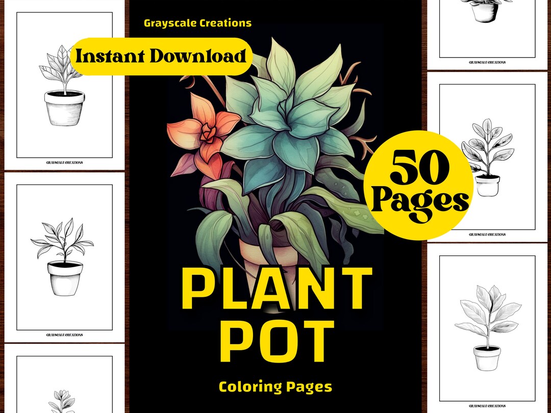 50 Plant Pot Coloring Page Book, Nature Botanical Flower Floral Bouquet ...