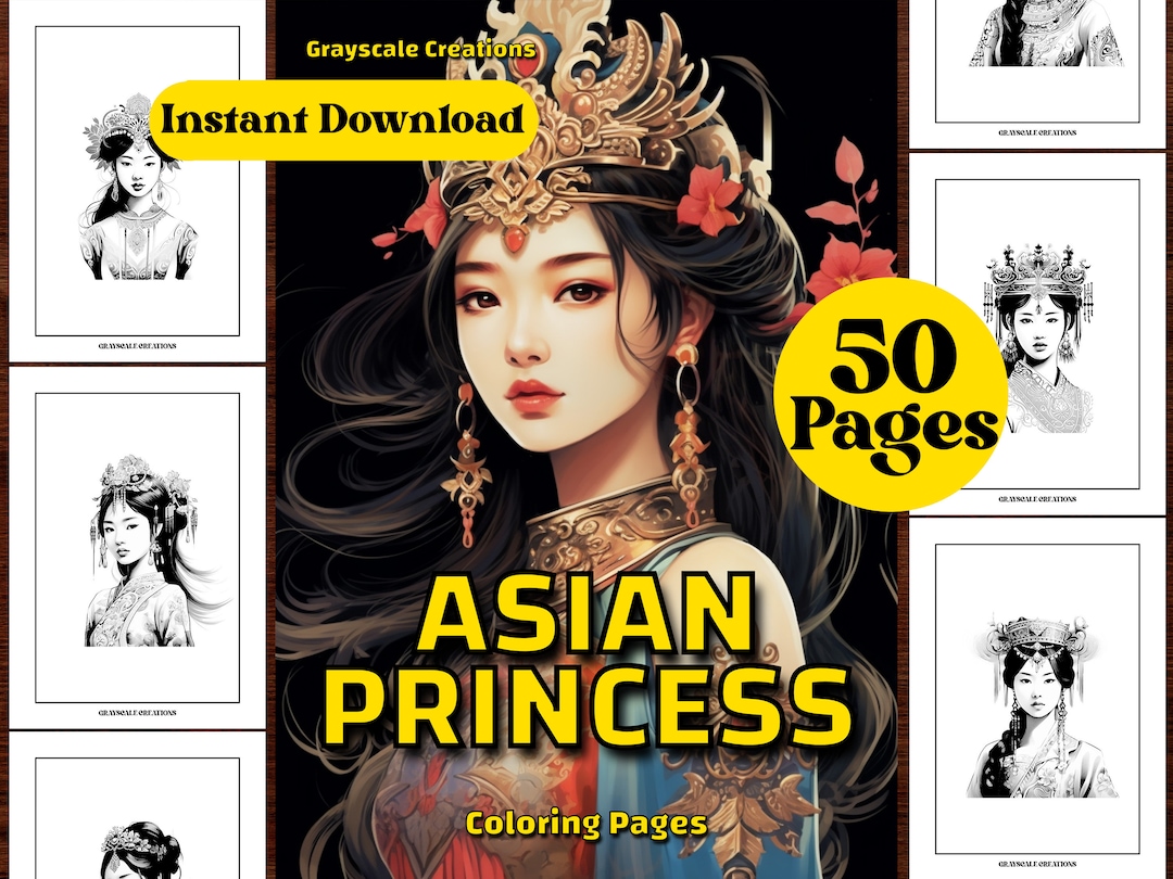 50 Asian Princess Coloring Page Book, Fantasy Enchanted Creatures ...