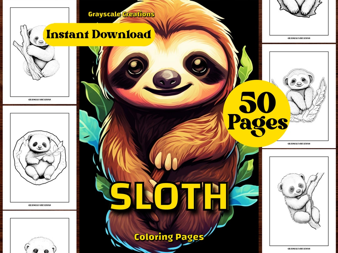 50 Sloth Animal Coloring Page Book, Woodland Wildlife Fantasy, Birthday ...
