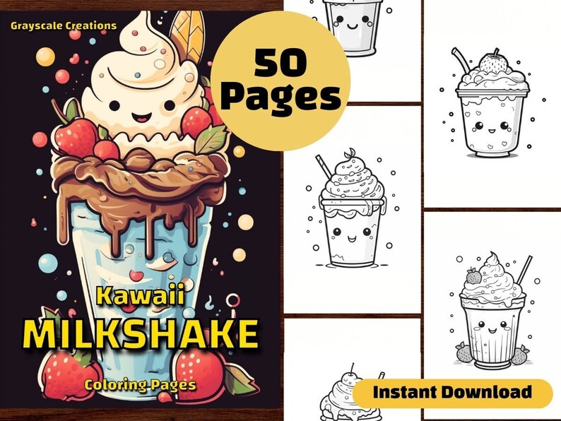 50 Milkshake Coloring Page Book Beverage Food Cute Kawaii - Etsy