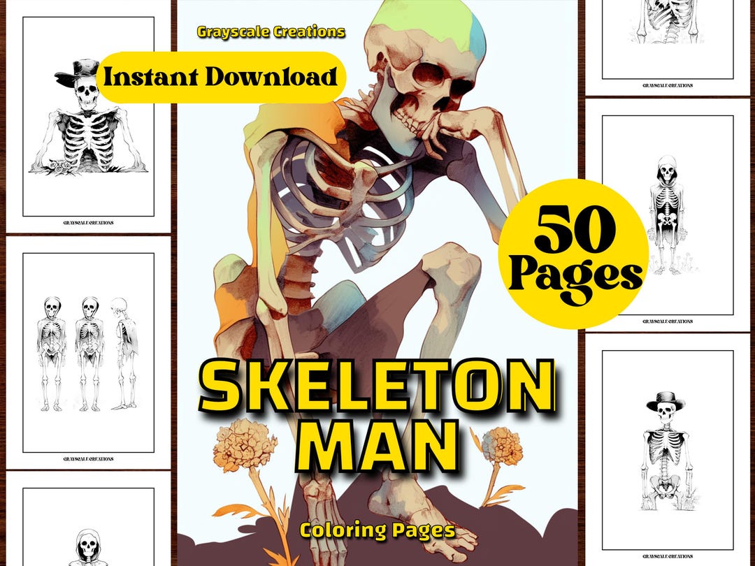 50 Skeleton Man Coloring Page Book, Halloween Cartoon Creepy, Printable ...