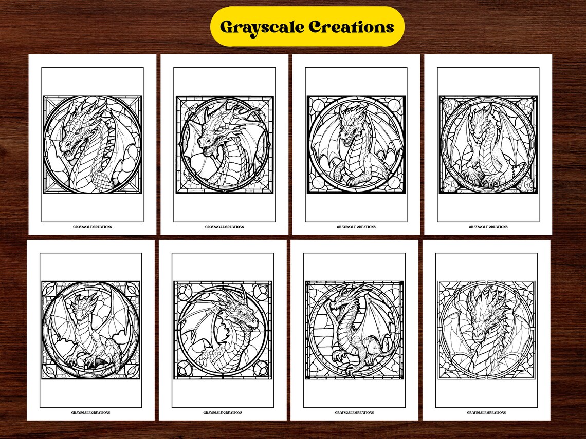 50 Stained Glass Dragon Coloring Page Book, Fantasy Creatures, Birthday ...