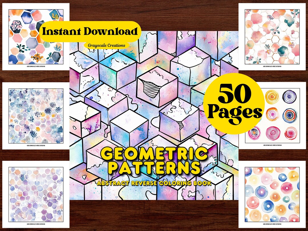 50 Geometric Patterns Reverse Coloring Page Book, Watercolor Abstract ...