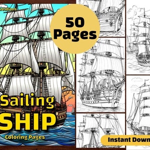 50 Sailing Ship Coloring Page Book, Printable PDF Sheets, Instant ...