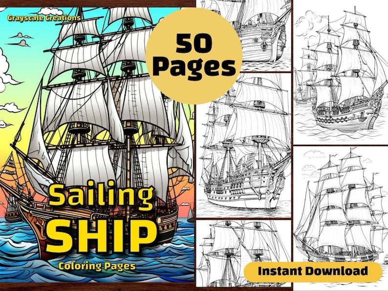 50 Sailing Ship Coloring Page Book, Printable PDF Sheets, Instant ...