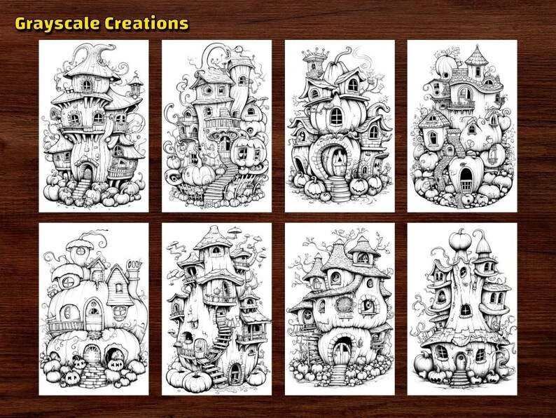 50 Pumpkin House Coloring Page Book, Printable PDF Sheets, Instant ...