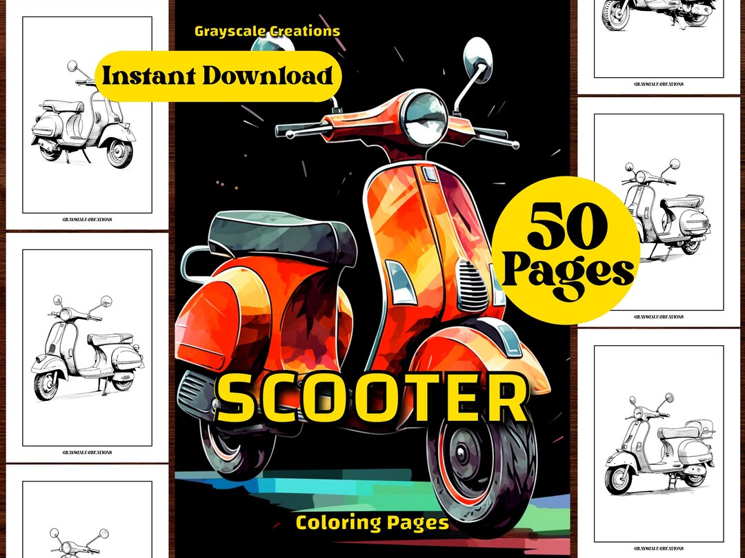 50 Scooter Coloring Page Book, Object Motor Nature Car Vintage ...