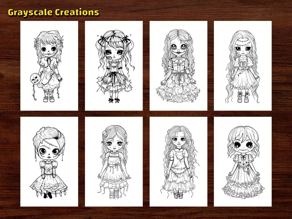 50 Creepy Doll Coloring Page Book, Halloween Creepy Chibi Horror ...