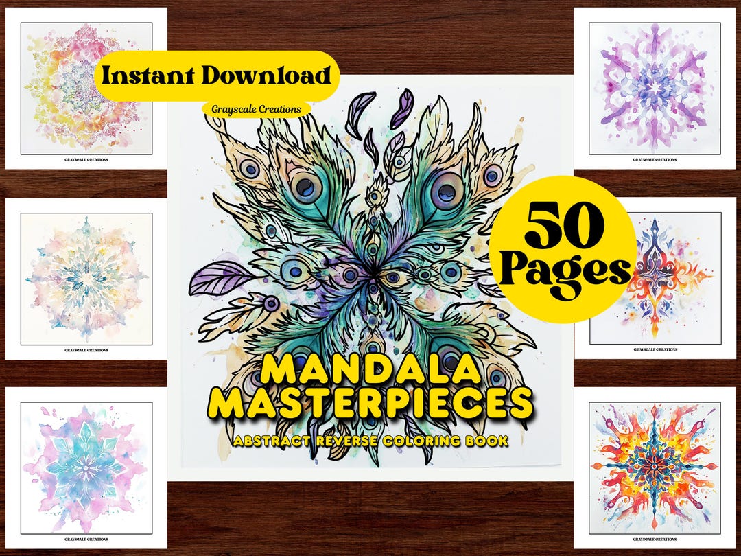 50 Mandala Masterpieces Reverse Coloring Page Book, Watercolor Abstract ...