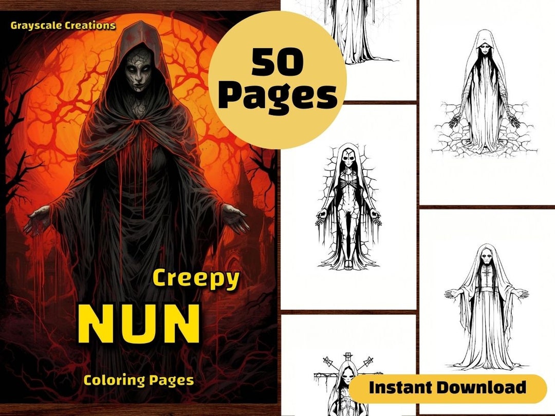 50 Creepy Nun Coloring Page Book, Halloween Religious Cartoon ...